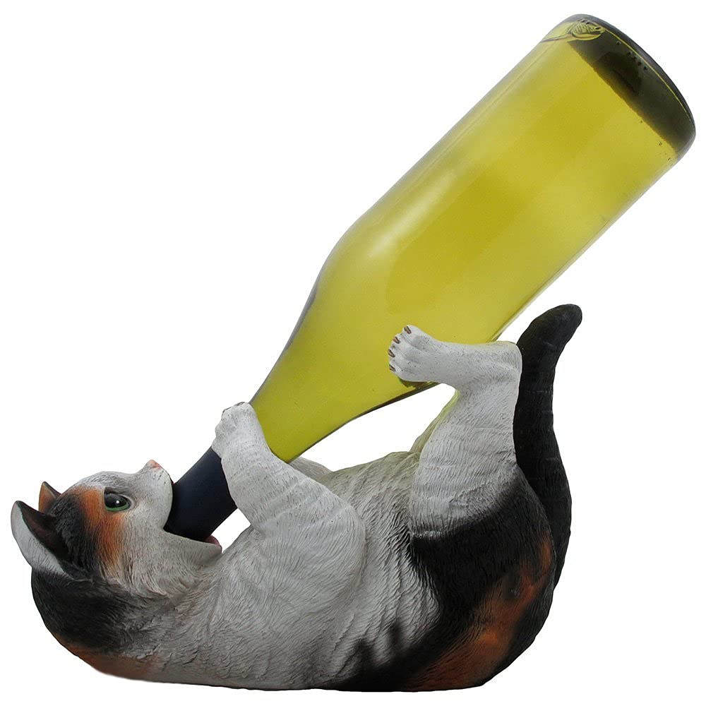 Drinking Calico Kitty Cat Wine Bottle Holder Sculpture for Decorative Tabletop Wine Stands and Racks or Pet Statues and Kitten Figurines As Christmas Gifts for Cat Owners