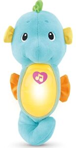 fisher-price musical baby toy, soothe & glow seahorse, plush sound machine with lights & volume control for newborns, blue