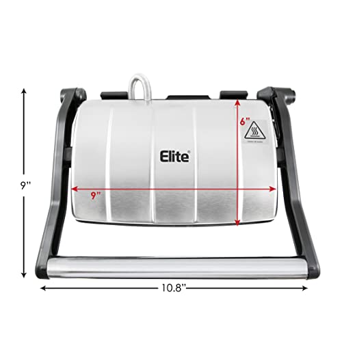 Elite Gourmet EPN-2976 2-in-1 Nonstick Panini Press & Indoor Grill, Opens 180-Degree Gourmet Sandwich Maker, Floating Hinge Fits All Foods, Contact Grill with Removable Grease Tray, Stainless Steel