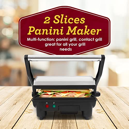 Elite Gourmet EPN-2976 2-in-1 Nonstick Panini Press & Indoor Grill, Opens 180-Degree Gourmet Sandwich Maker, Floating Hinge Fits All Foods, Contact Grill with Removable Grease Tray, Stainless Steel