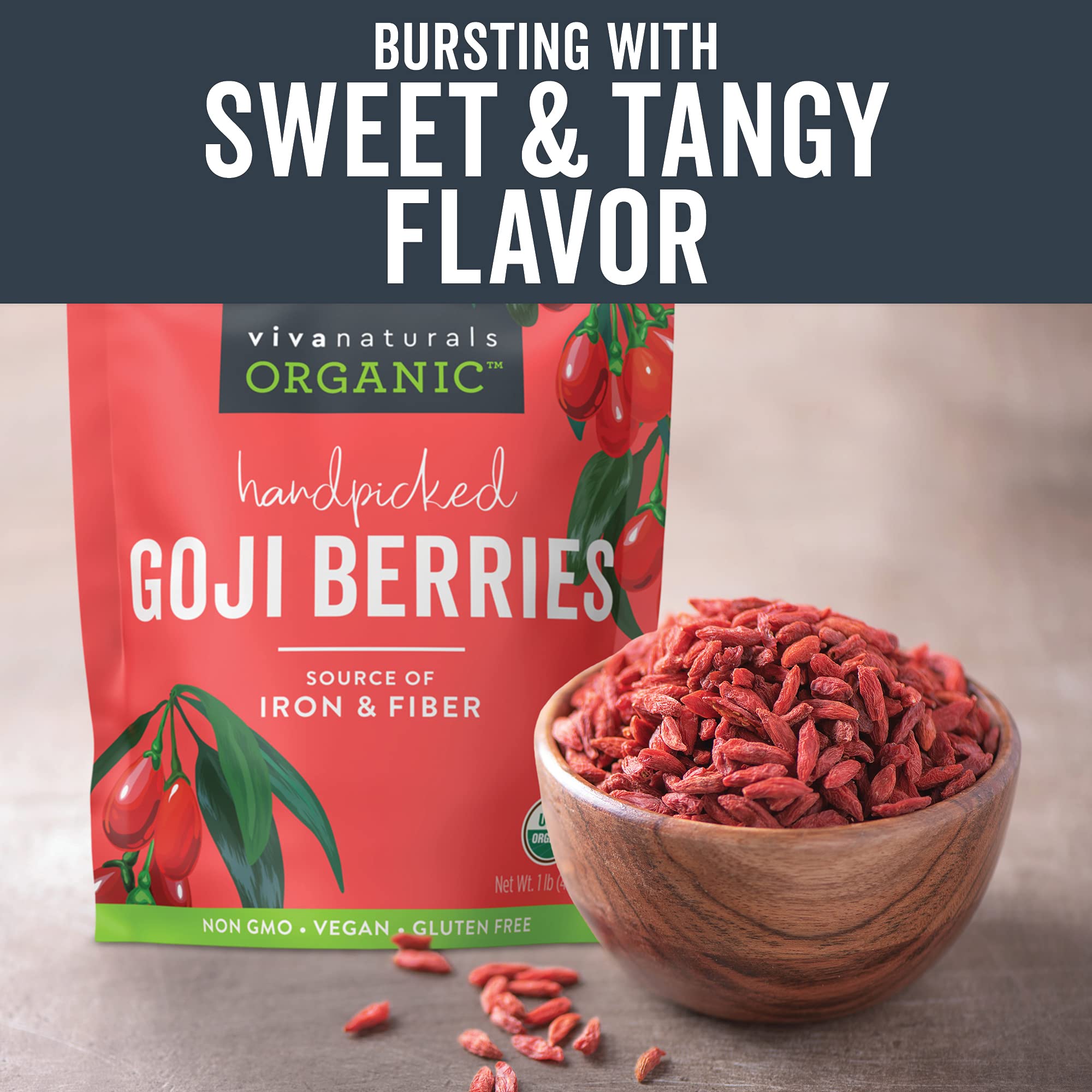 Organic Dried Goji Berries - Non-GMO and Vegan Goji Berries Organic, Perfect for Baking, Teas and Snacks for Adults (1 lb)