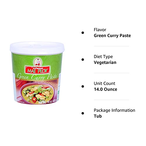 Mae Ploy Green Curry Paste, Authentic Thai Green Curry Paste for Thai Curries & Other Dishes, Aromatic Blend of Herbs, Spices & Shrimp Paste, (14oz Tub) (25469)