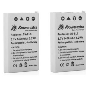 powerextra 2 x en-el5 replacement nikon battery compatible with nikon coolpix 3700, 4200, 5200, 5900, 7900, p3, p4, p80, p90, p100, p500, p510, p520, p530, p5000, p5100, p6000, s10