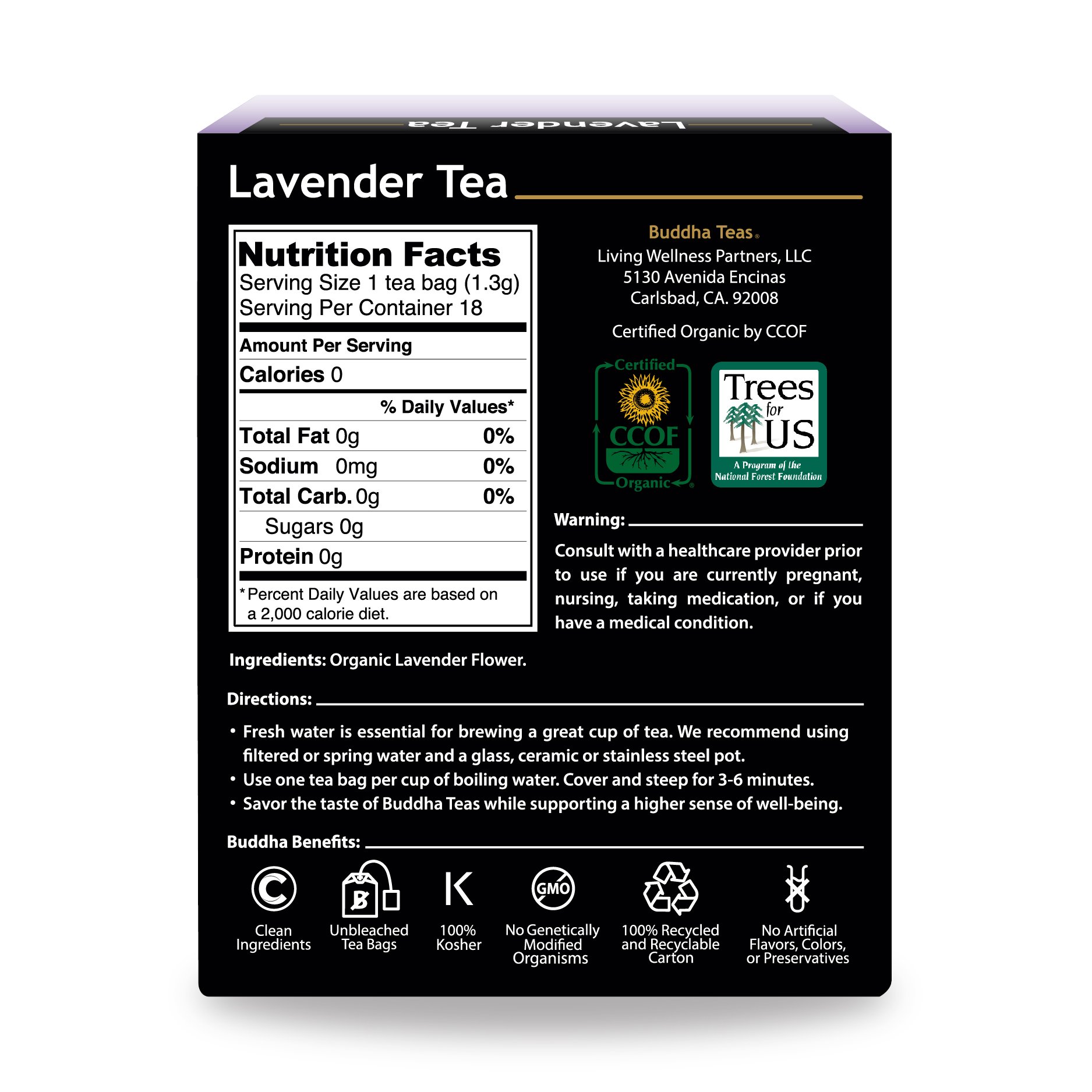 Buddha Teas Organic Lavender Tea - OU Kosher, USDA Organic, CCOF Organic, 18 Bleach-Free Tea Bags