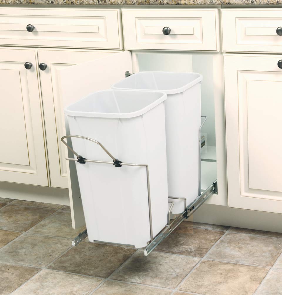 Knape & Vogt SCB12-2-27WH 11 inch x 22 inch x 18.75 inch 27 Qt. in-Cabinet Double Soft-Close Bottom-Mount Pull-Out Trash Can, White