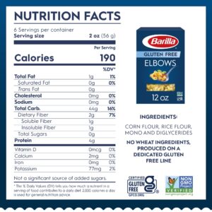 BARILLA Gluten Free Elbows Pasta, 12 Ounce (Pack of 8) - Non-GMO Gluten Free Pasta Made with Blend of Corn & Rice - Vegan Pasta