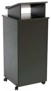 rolling wood podium, 44"h, locking wheels, 2 shelf open cabinet, top surface with lip (black)