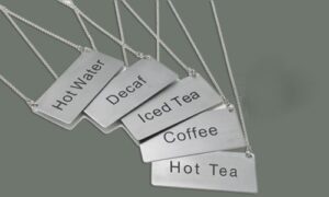 lerose stainless steel chain signs ~ set of 5 ~"coffee","decaf","hot water","hot tea","iced tea" ~ 3-1/2" x 1-3/4" beverage table display signs