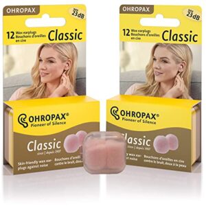 2 pack of ohropax reusable wax/cotton ear plugs (24 plugs total) with clear carrying case