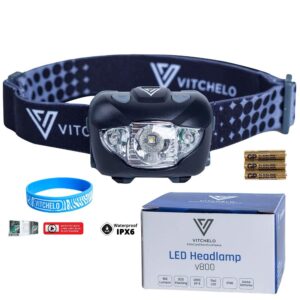 vitchelo black headlamp flashlight - red safety light - 6 light modes - super bright waterproof adjustable head light - 3 aaa batteries - running, jogging, camping, hiking, cycling - kids, adults