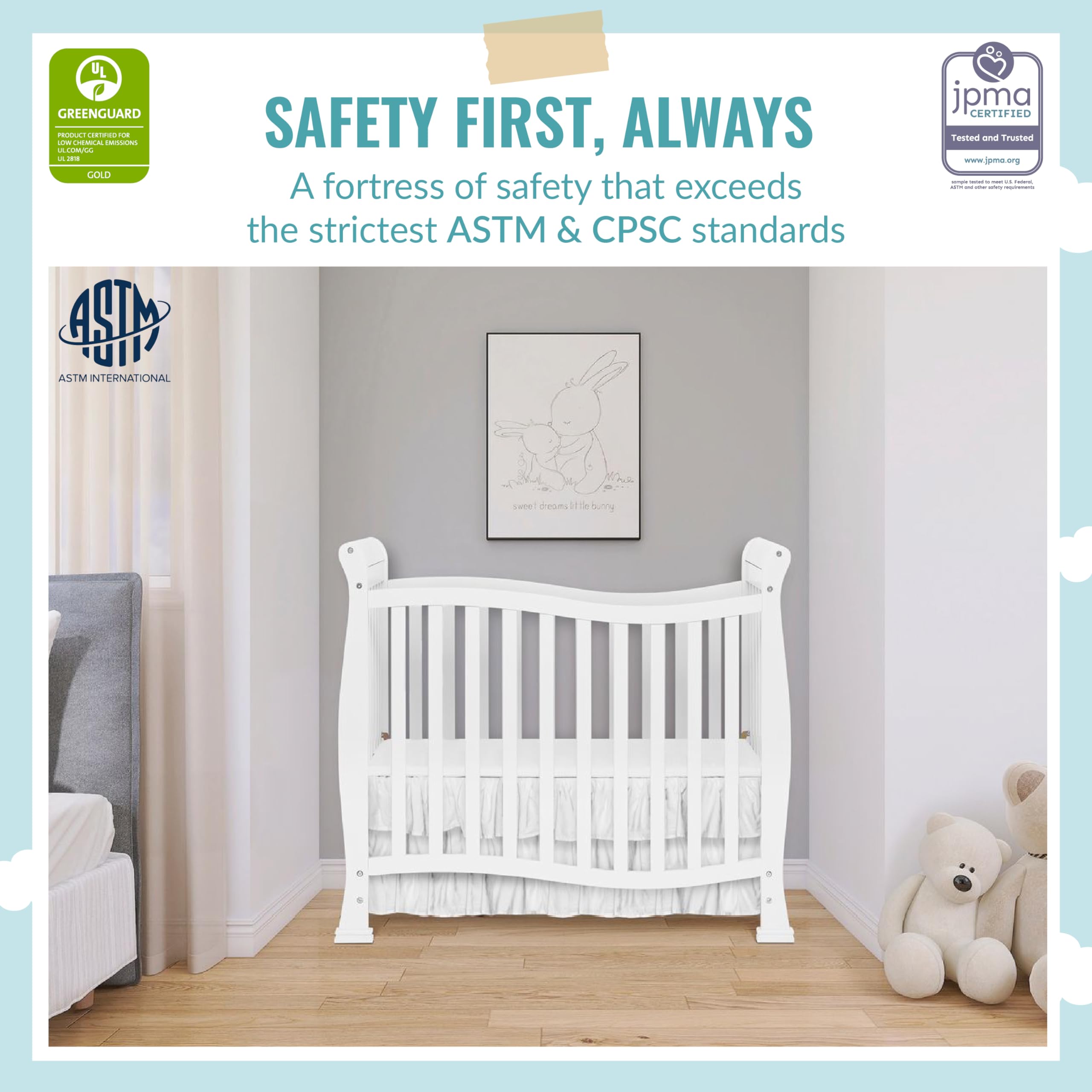 Dream On Me Violet 4-In-1 Convertible Mini Crib In White, Greenguard Gold Certified, JPMA Certified, 3 Position Mattress Height Settings, Non-Toxic Finish