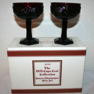 Avon Cape Cod Saucer Champagne Wine Glasses Ruby Red Set of 2