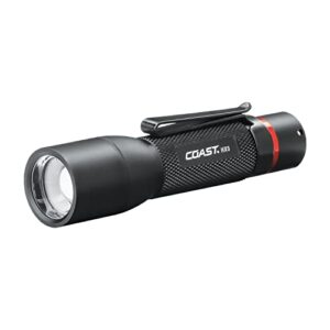 coast hx5 410 lumen led flashlight, pure beam focusing, slide focus, pocket clip, weatherproof, pocket sized, battery included, black.