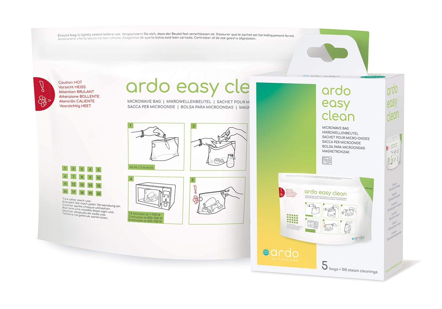 Ardo Easy Clean - Multi-use Microwave Steam Cleaning Bags for Breastfeeding Accessories, 5 Bags (100 Cleaning Cycles Total)