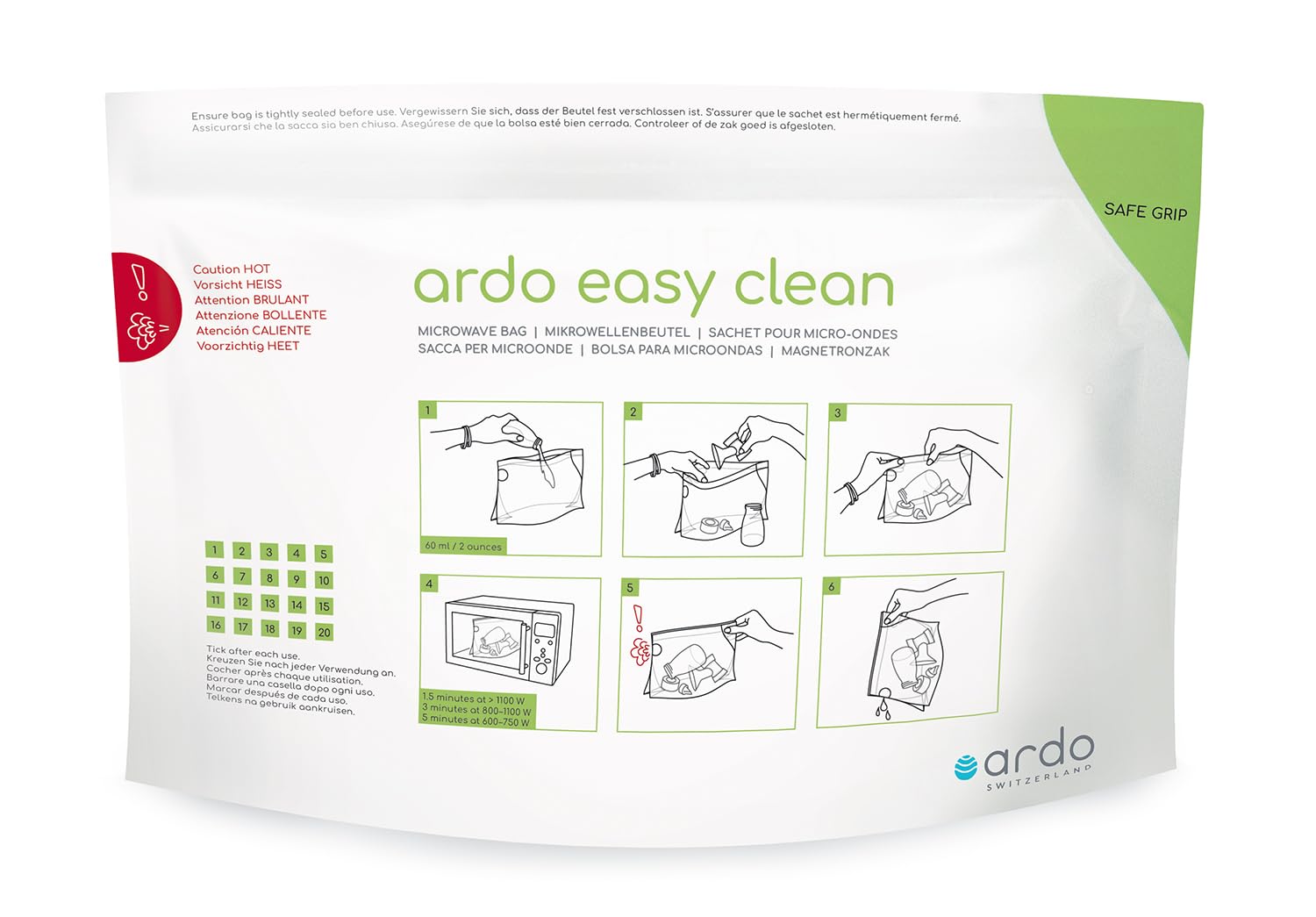 Ardo Easy Clean - Multi-use Microwave Steam Cleaning Bags for Breastfeeding Accessories, 5 Bags (100 Cleaning Cycles Total)