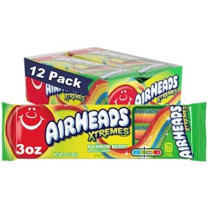 airheads xtremes belts, rainbow berry flavor, sweetly sour candy, non melting, bulk movie theater and party bag, 3 ounce (pack of 12)