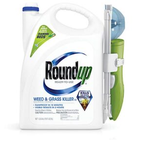 roundup ready-to-use weed & grass killer iii -- with sure shot wand, use in & around vegetable gardens, tree rings, flower beds, patios & more, kills to the root, 1.33 gal.