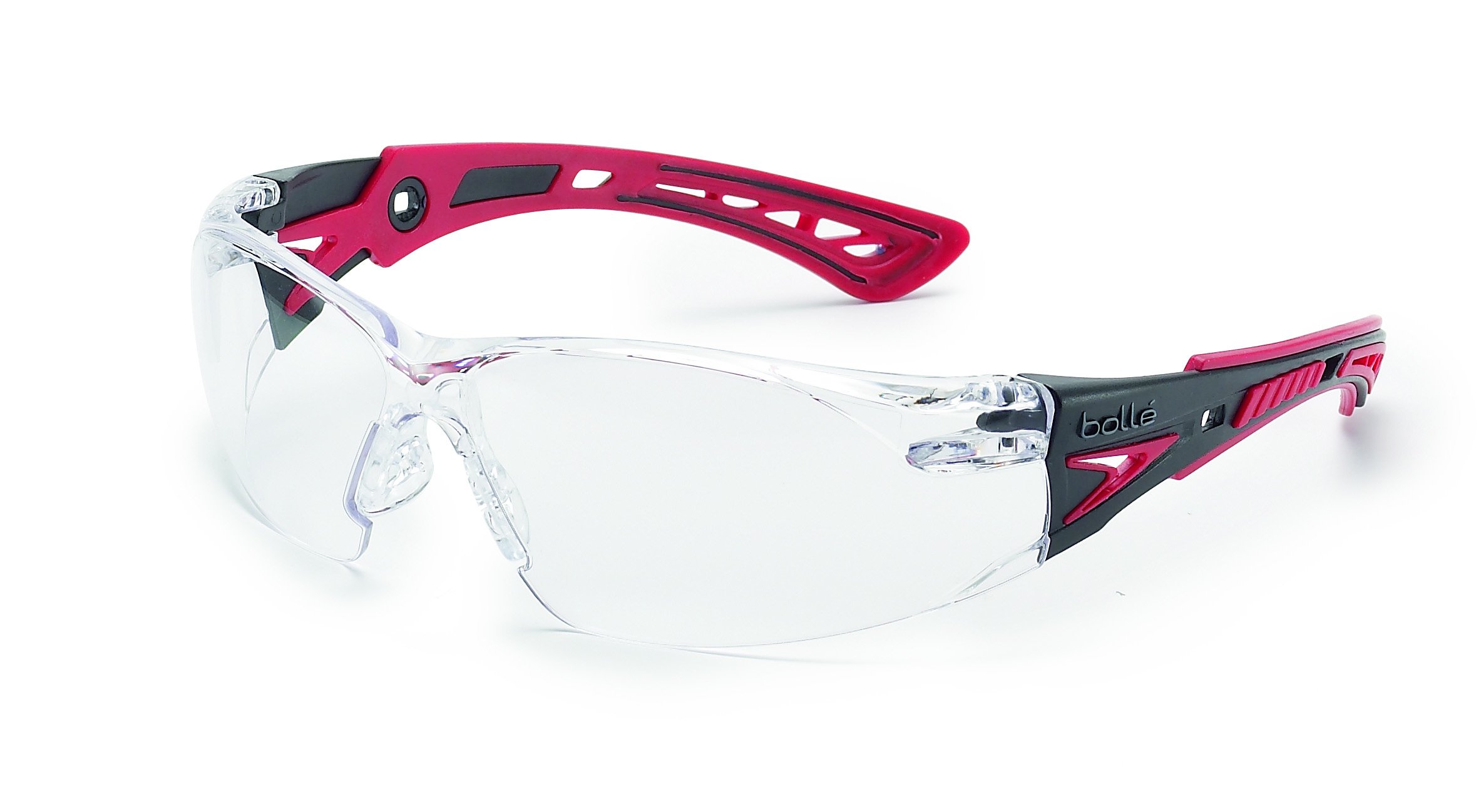 Bollé Safety 41080, Rush+ Safety Glasses Platinum®, Black & Red Frame, Clear Lenses