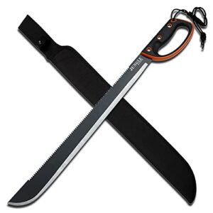 jungle master – machete w/ reverse serrations – black/satin blade, full tang, black/orange rubberized nylon fiber handle, nylon sheath, outdoor, hunt, camp, hike, survival, jm-024l