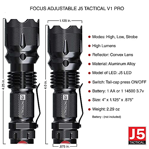 J5 Tactical V1-PRO Flashlight - The Original 300 Lumen Ultra Bright, LED Mini 3 Mode Flashlight