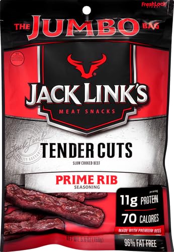 Jack Link's Tender Cuts, Prime Rib Flavor, 5.6 Oz Sharing-Size Bag and Jerky Snack with 11g of Protein and 70 Calories, Made with Premium Beef, 96 Percent Fat Free