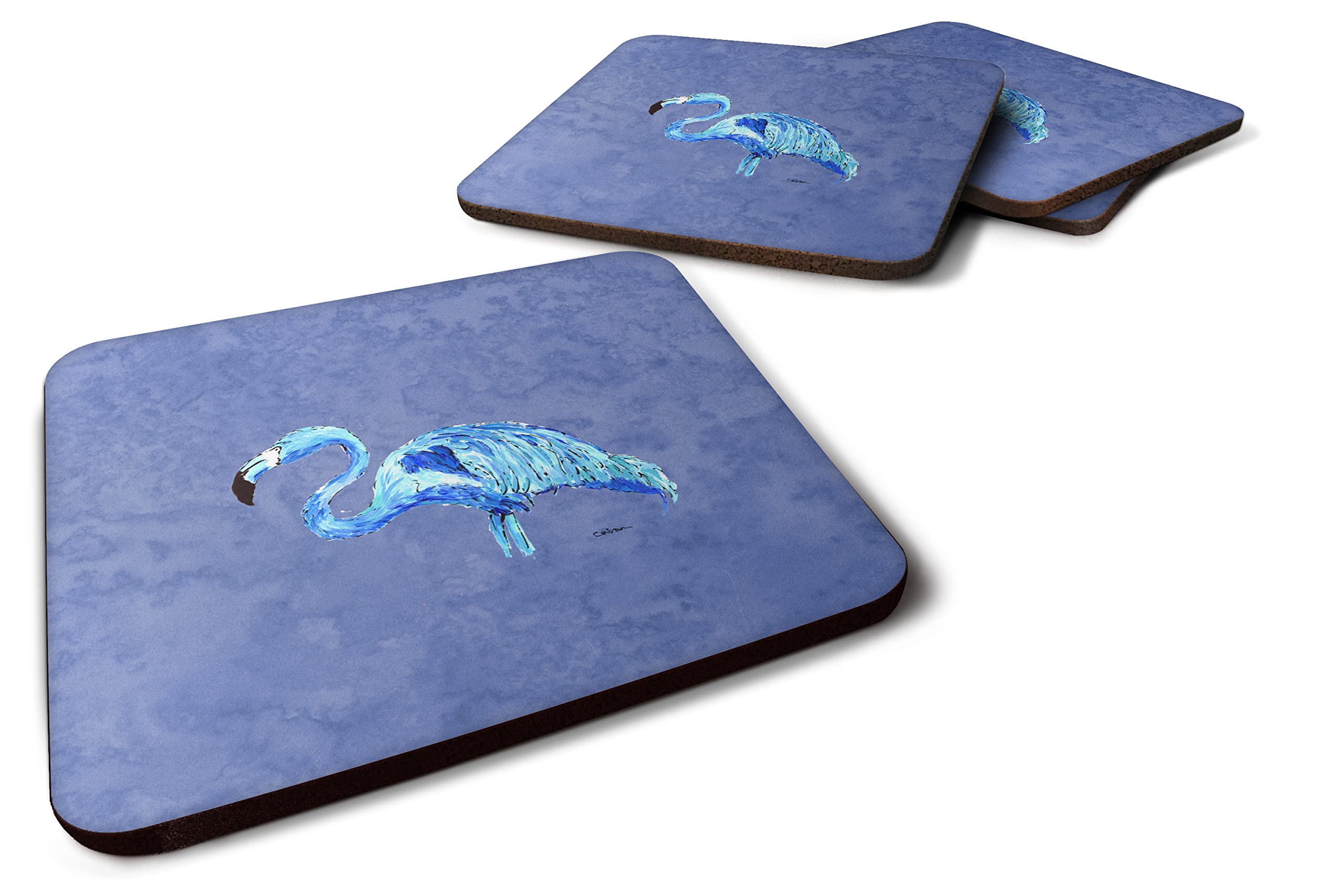 Caroline's Treasures 8873FC Flamingo On Slate Blue Foam Coaster Set of 4 Set of 4 Cup Coasters for Indoor Outdoor, Tabletop Protection, Anti Slip, Mouse pad Material