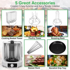 NutriChef Vertical Rotisserie Oven Roaster - Rotating Shawarma/Kebab Machine with Skewer and Rack, Basket Tower, Roasting Rack, Poultry Tower, Drip Tray - For Meat Chicken Turkey Lamb - PKRT15 White