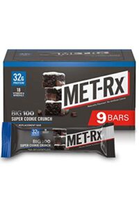 met-rx big 100 protein bar, meal replacement bar, 32g protein, super cookie crunch, 9 bars (pack of 1)