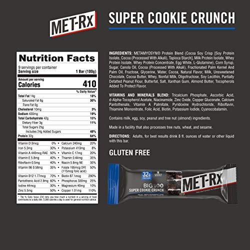 MET-Rx Big 100 Protein Bar, Meal Replacement Bar, 32G Protein, Super Cookie Crunch, 9 Bars (Pack of 1)