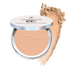 it cosmetics cc+ airbrush perfecting powder foundation - buildable full coverage of pores & dark spots - hydrating face makeup with hydrolyzed collagen & niacinamide - medium - 0.33 oz