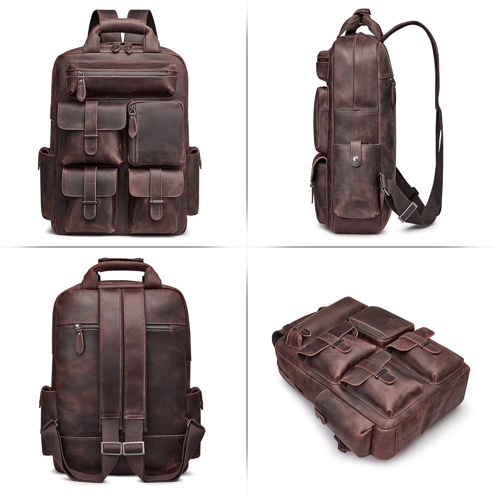 S-ZONE Men Genuine Leather Backpack Bag Vintage Casual Travel Daypack Multi Pockets Outdoor