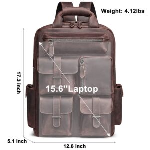 S-ZONE Men Genuine Leather Backpack Bag Vintage Casual Travel Daypack Multi Pockets Outdoor