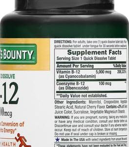 Nature's Bounty Vitamin B12, Quick Dissolve Vitamin Supplement, Supports Energy Metabolism and Nervous System Health, 5000mcg, 40 Tablets