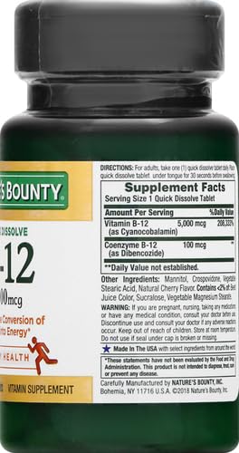 Nature's Bounty Vitamin B12, Quick Dissolve Vitamin Supplement, Supports Energy Metabolism and Nervous System Health, 5000mcg, 40 Tablets