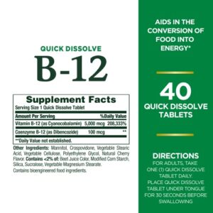 Nature's Bounty Vitamin B12, Quick Dissolve Vitamin Supplement, Supports Energy Metabolism and Nervous System Health, 5000mcg, 40 Tablets