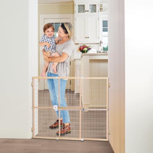 Toddleroo by North States Quick Fit Wire Mesh Wooden Baby Gate: 29.5"- 50" Wide. Pressure Mounted Baby Gate for Doorway. Tension Lever For Quick Custom Fit. (31" Tall, Sustainable Hardwood)