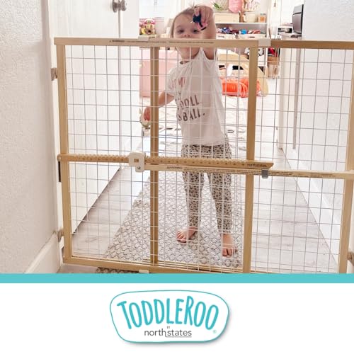 Toddleroo by North States Quick Fit Wire Mesh Wooden Baby Gate: 29.5"- 50" Wide. Pressure Mounted Baby Gate for Doorway. Tension Lever For Quick Custom Fit. (31" Tall, Sustainable Hardwood)