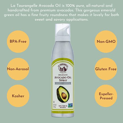 La Tourangelle, Avocado Oil Spray, All-Natural Handcrafted from Premium Avocados, Great for Cooking, Butter Substitute, and Skin and Hair Care, Spray Cooking and Grilling Oil, 5 fl oz