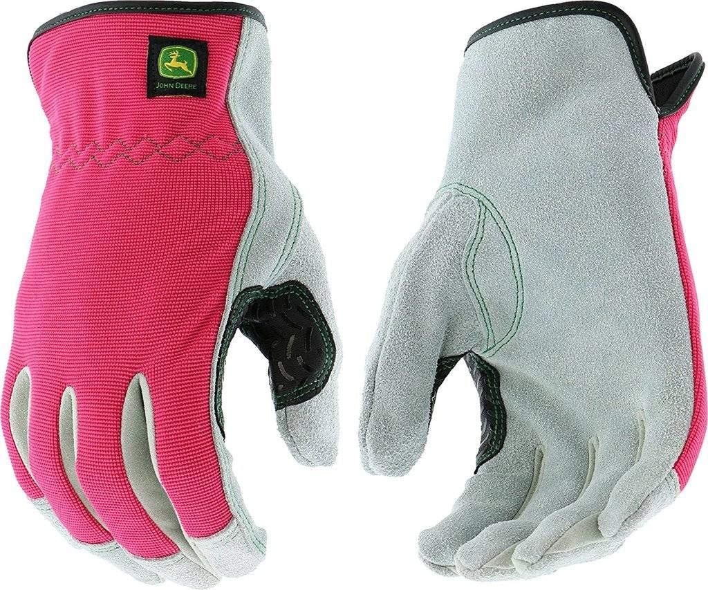 John Deere JD00016-WSM Split Cowhide Leather Gloves - [1 Pair] Small/Medium Women’s Work Gloves, Pink Black