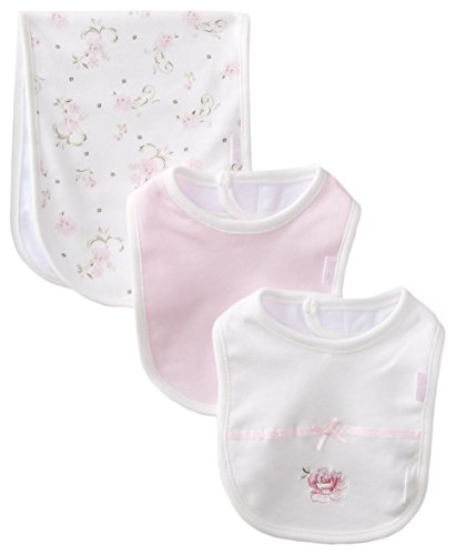 Little Me Baby Girls' 3 Piece Bib and Burp Set, Rose, White Floral, One Size