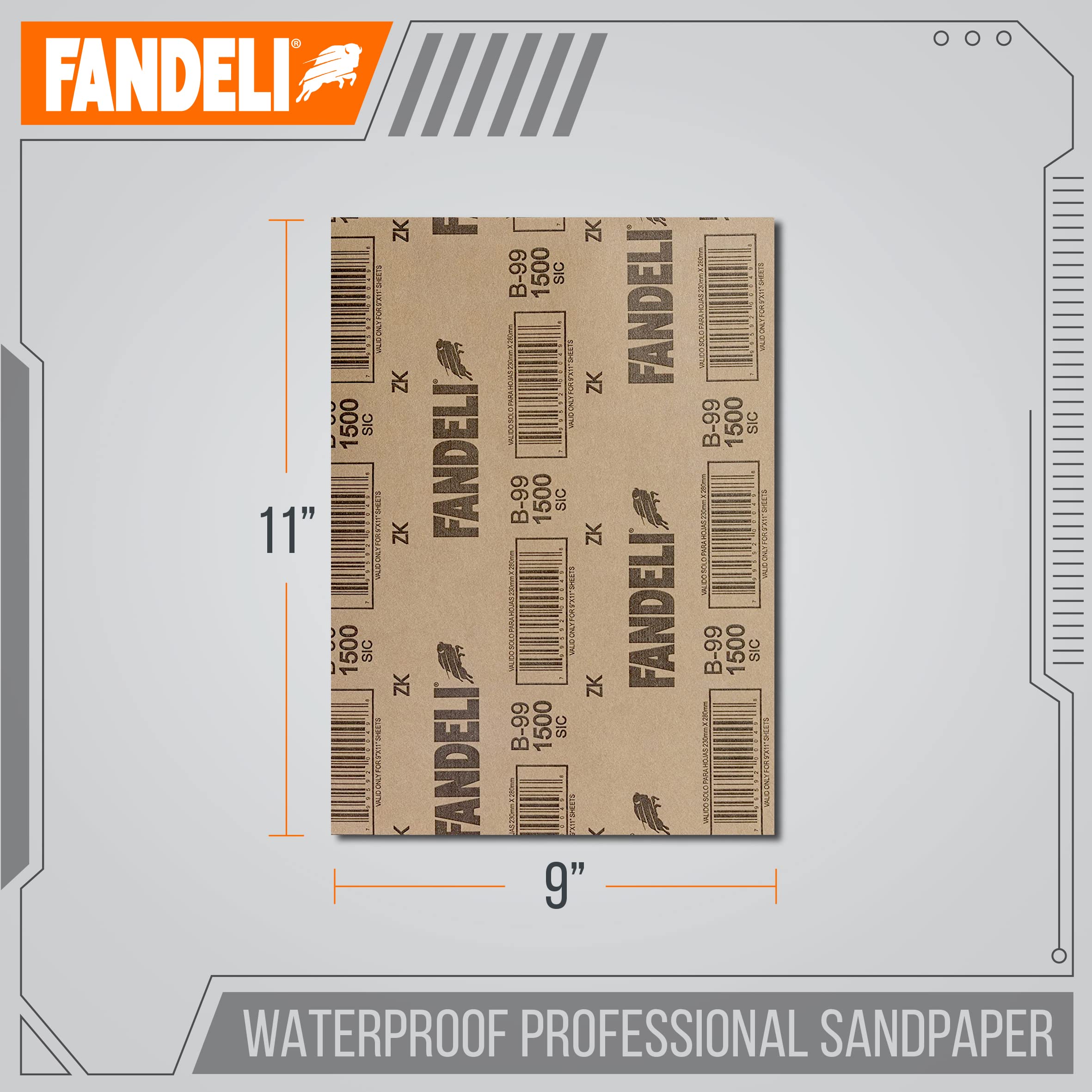 Fandeli | Waterproof Sandpaper | 1500 Grit | 25 Sheets 9'' x 11'' | For Car Polishing, Wooden Furniture Sanding and Metal Sanding | Water Resistant