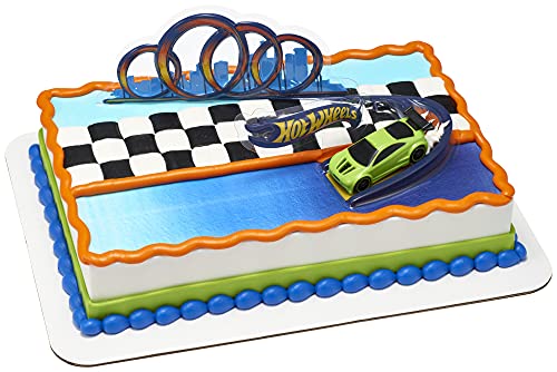 DecoSet® Hot Wheels Drift Birthday Cake Decorations, 2-Piece Topper with Race Car and 3D Racetrack Plaque, Create Action-Packed Racing Cakes for Birthdays and Parties