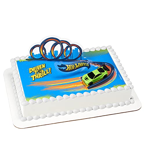 DecoSet® Hot Wheels Drift Birthday Cake Decorations, 2-Piece Topper with Race Car and 3D Racetrack Plaque, Create Action-Packed Racing Cakes for Birthdays and Parties