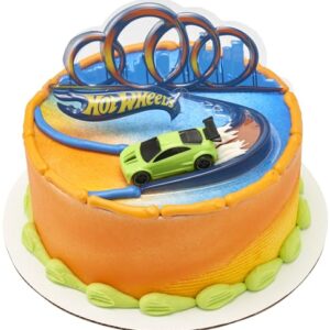 DecoSet® Hot Wheels Drift Birthday Cake Decorations, 2-Piece Topper with Race Car and 3D Racetrack Plaque, Create Action-Packed Racing Cakes for Birthdays and Parties