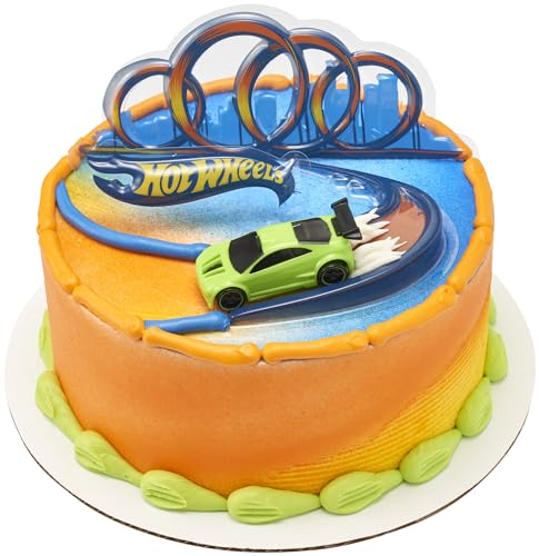 DecoSet® Hot Wheels Drift Birthday Cake Decorations, 2-Piece Topper with Race Car and 3D Racetrack Plaque, Create Action-Packed Racing Cakes for Birthdays and Parties