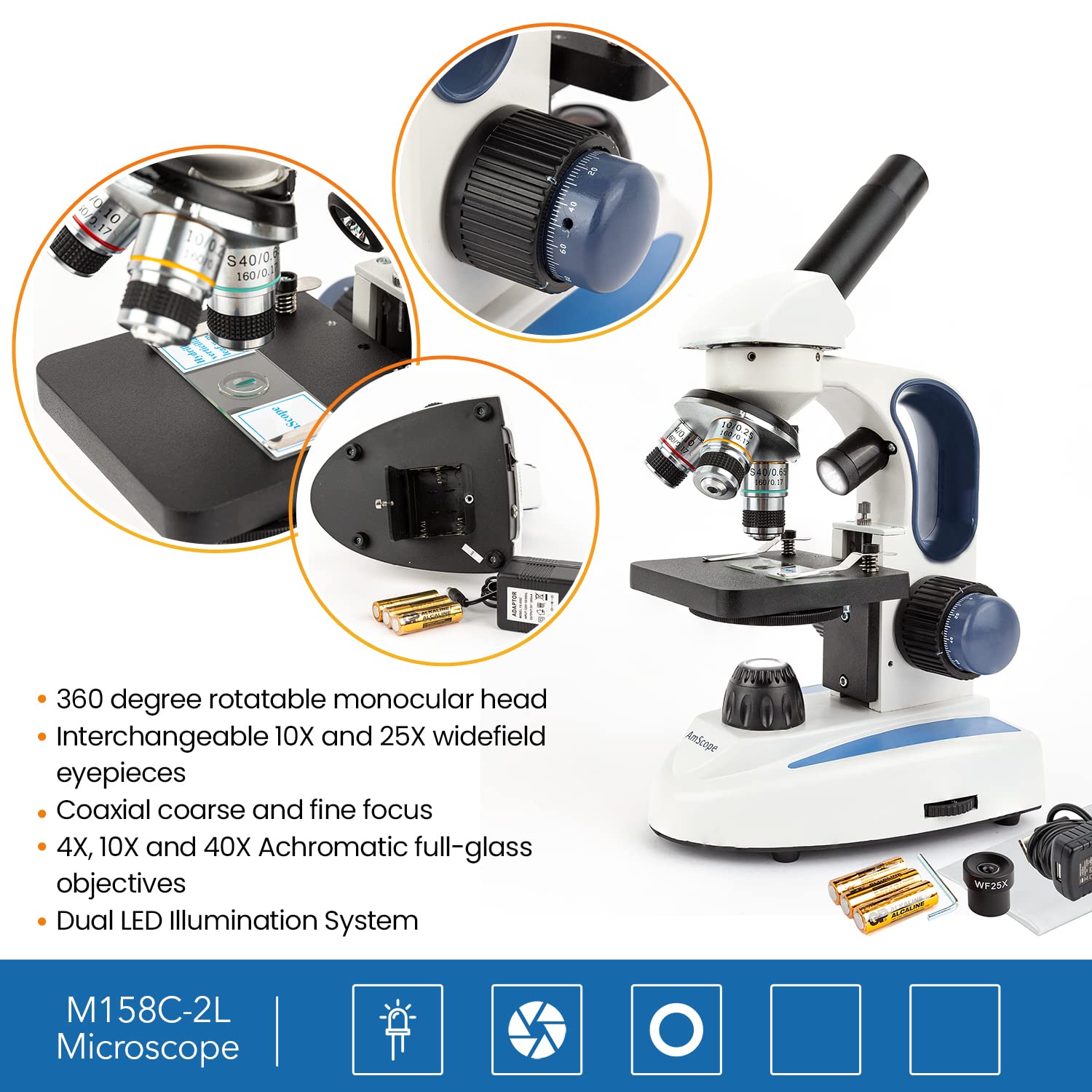 AmScope 40X-1000X Biology Science Metal Glass Student Microscope with 3MP Digital Camera