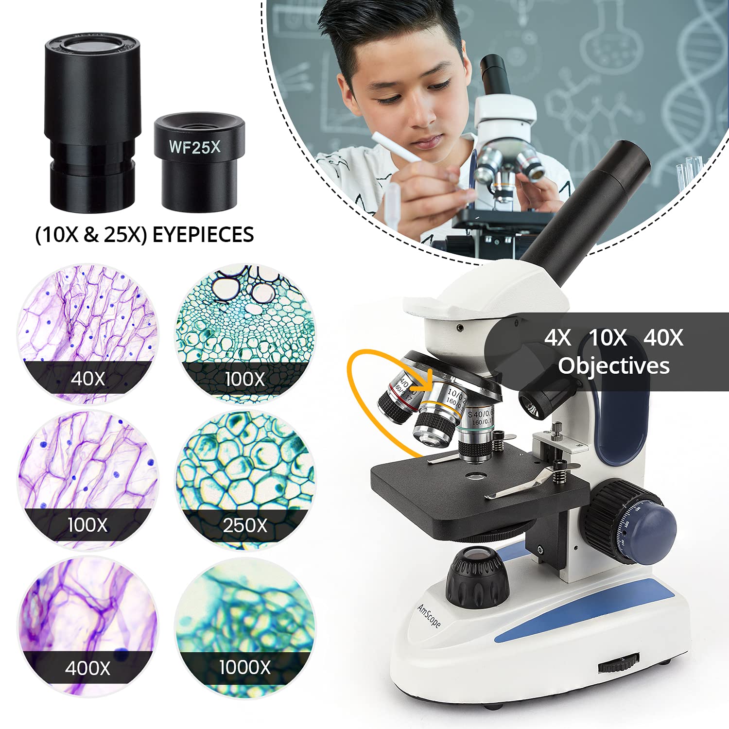 AmScope 40X-1000X Biology Science Metal Glass Student Microscope with 3MP Digital Camera