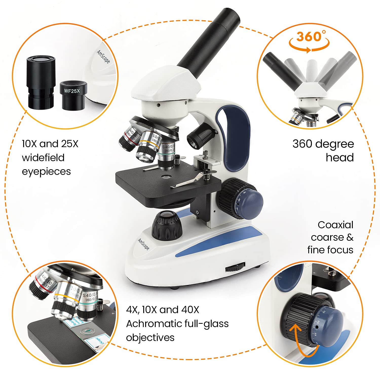 AmScope 40X-1000X Biology Science Metal Glass Student Microscope with 3MP Digital Camera