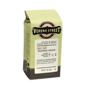 verena street 11 ounce ground, swiss water process decaf coffee, sunday drive decaffeinated, medium roast rainforest alliance certified arabica coffee