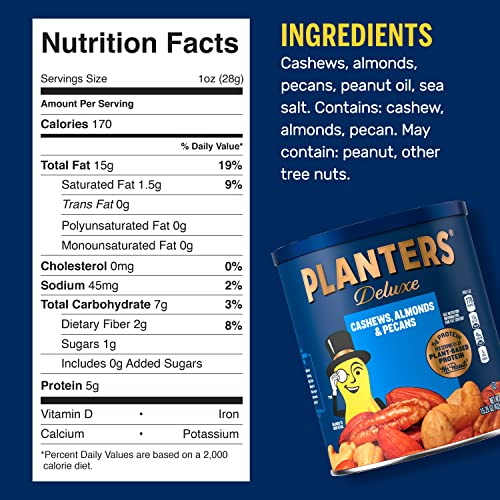 PLANTERS Deluxe Cashews, Almonds & Pecans, Party Snacks, Plant-Based Protein, 15.25 Oz Canister